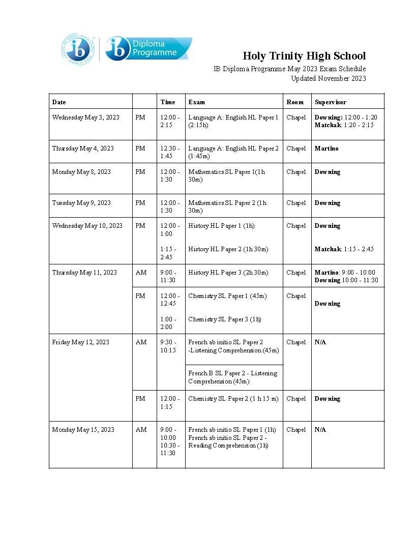Exam Schedule - Holy Trinity Catholic High School